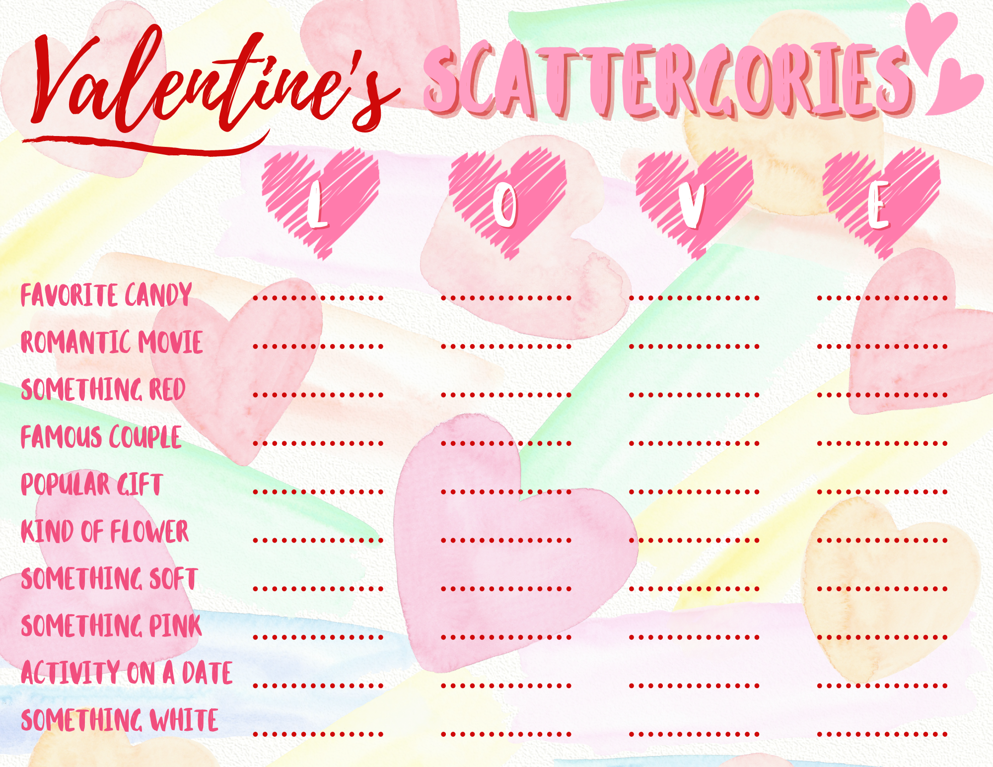 Printable Valentine Scattergories Game Using the Word LOVE