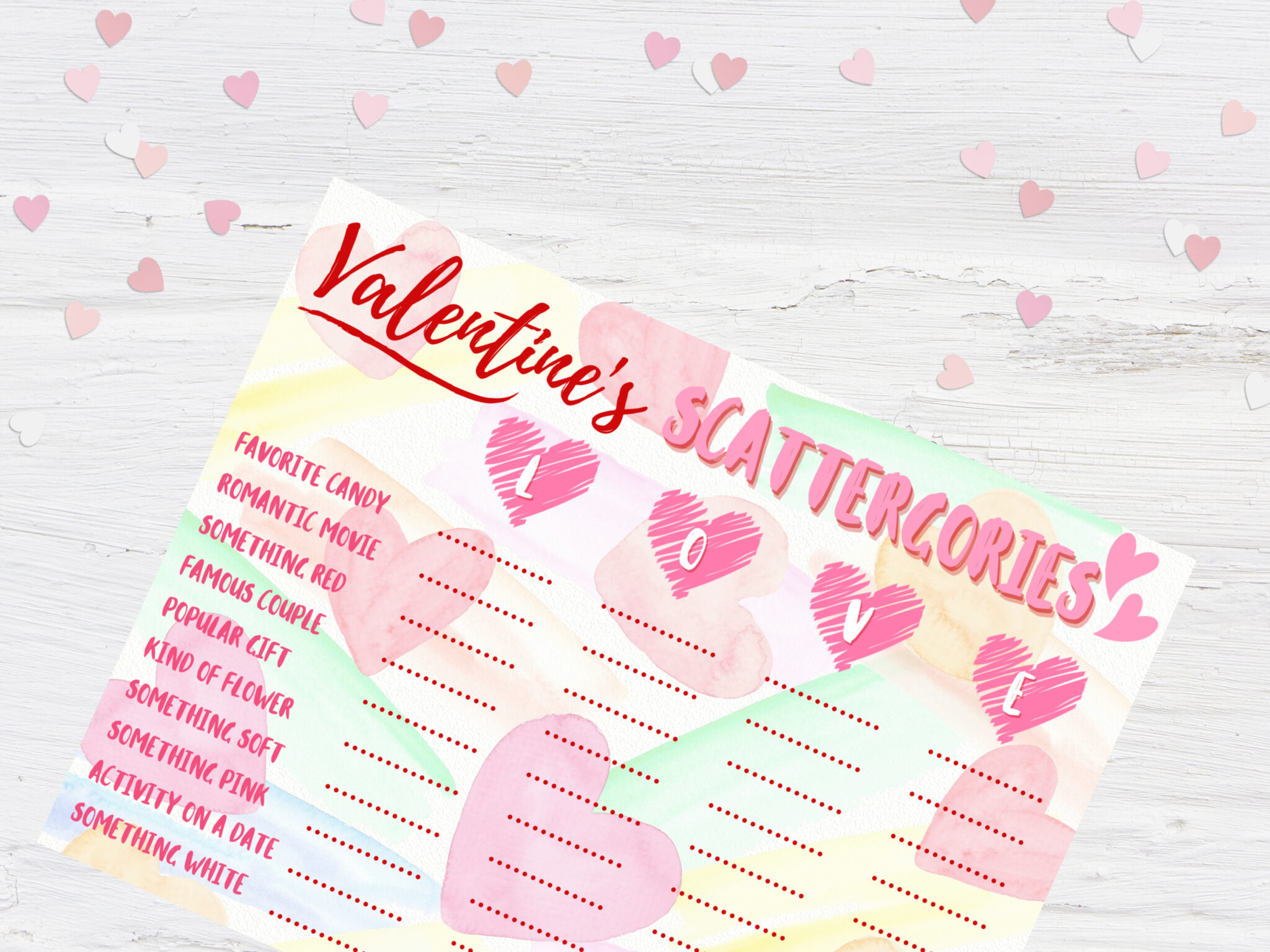 Printable Valentine Scattergories Game Using the Word LOVE