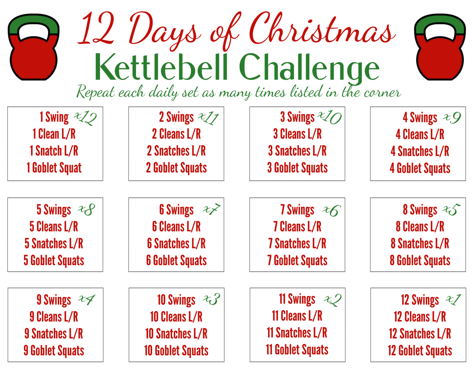 12 Days of Christmas Kettlebell Challenge - Free Printable